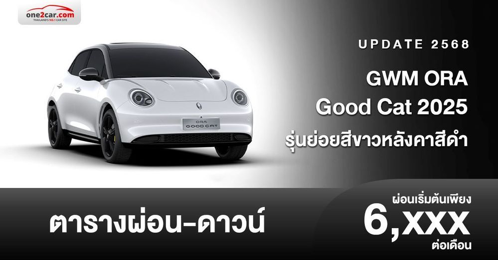 ตารางผ่อน GWM ORA Good Cat 2025 สีขาวหลังคาสีดำใหม่ - ราคาและตารางผ่อน | One2car